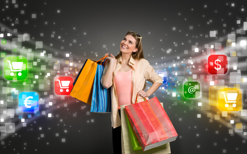 shopping woman surrounded by icons of e-commerce | Global Marketing ...